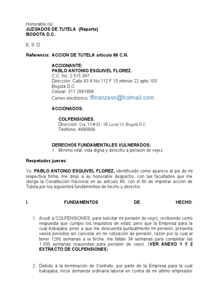 Tutela Minimo Vital Pablo Contra Colpensiones | PDF | Caso de ley ...