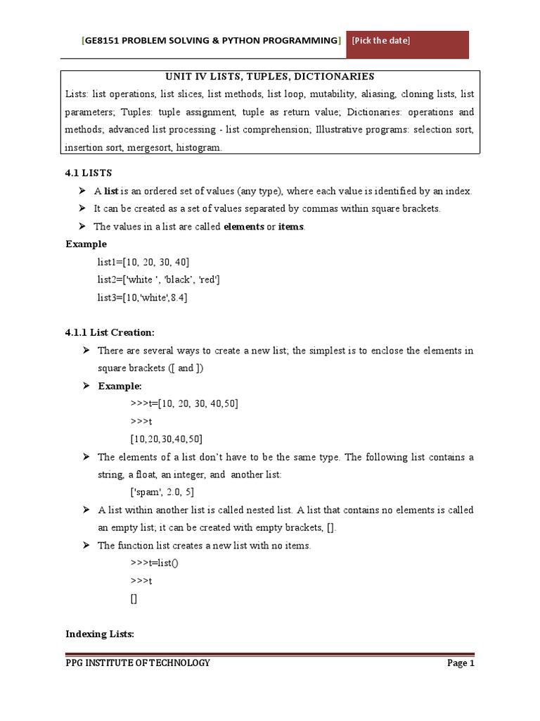 Ge8151 Problem Solving & Python Programming: (Pick The Date) | PDF | Parameter (Computer ...