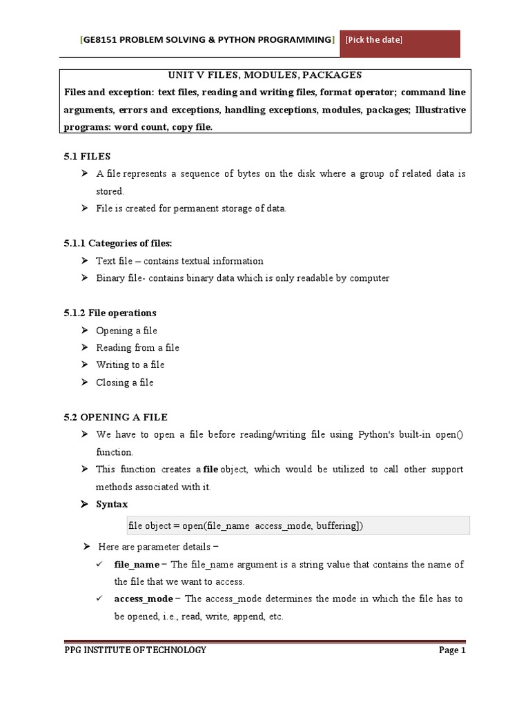 (Pick The Date) : PPG Institute of Technology | PDF | Parameter (Computer Programming) | Filename