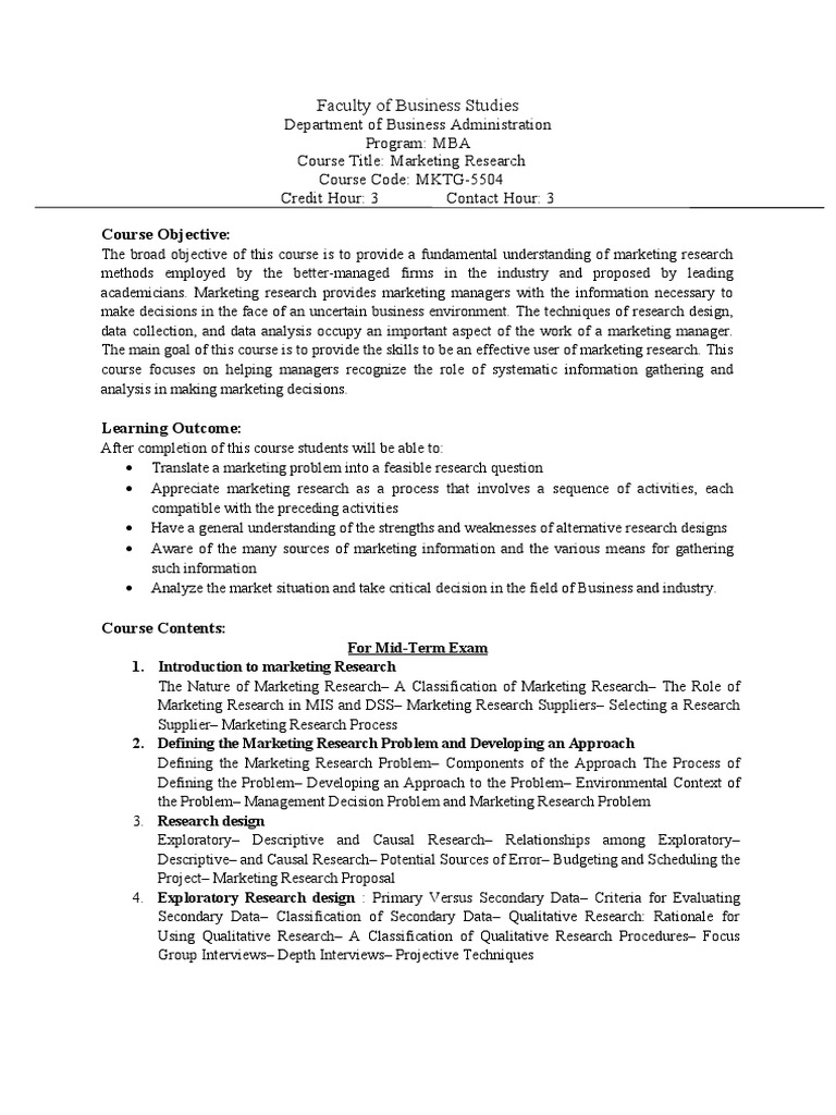 Marketing Research Course Syllabus | PDF | Marketing Research | Survey ...