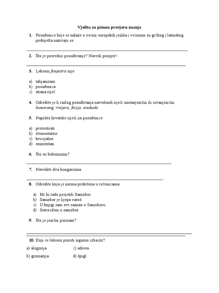 Vježba Za Pisanu Provjeru Znanja | PDF