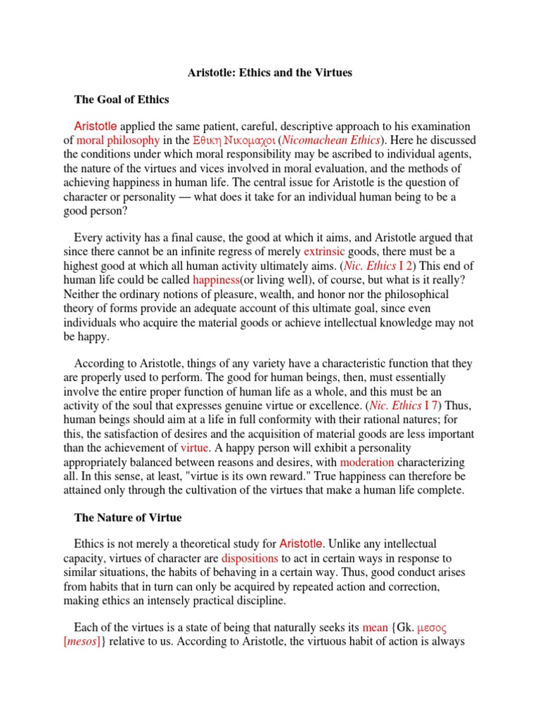 Aristotle Virtue Ethics | PDF