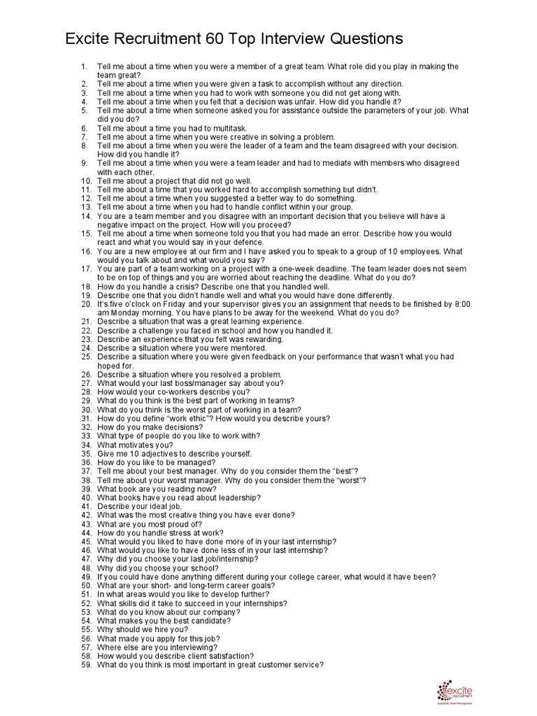 60 Top Interview Questions | PDF | Action (Philosophy) | Behavior ...
