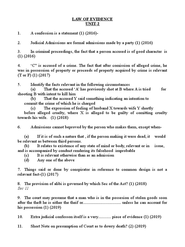 Law of Evidence Unit II Notes | PDF | Confession (Law) | Evidence (Law)