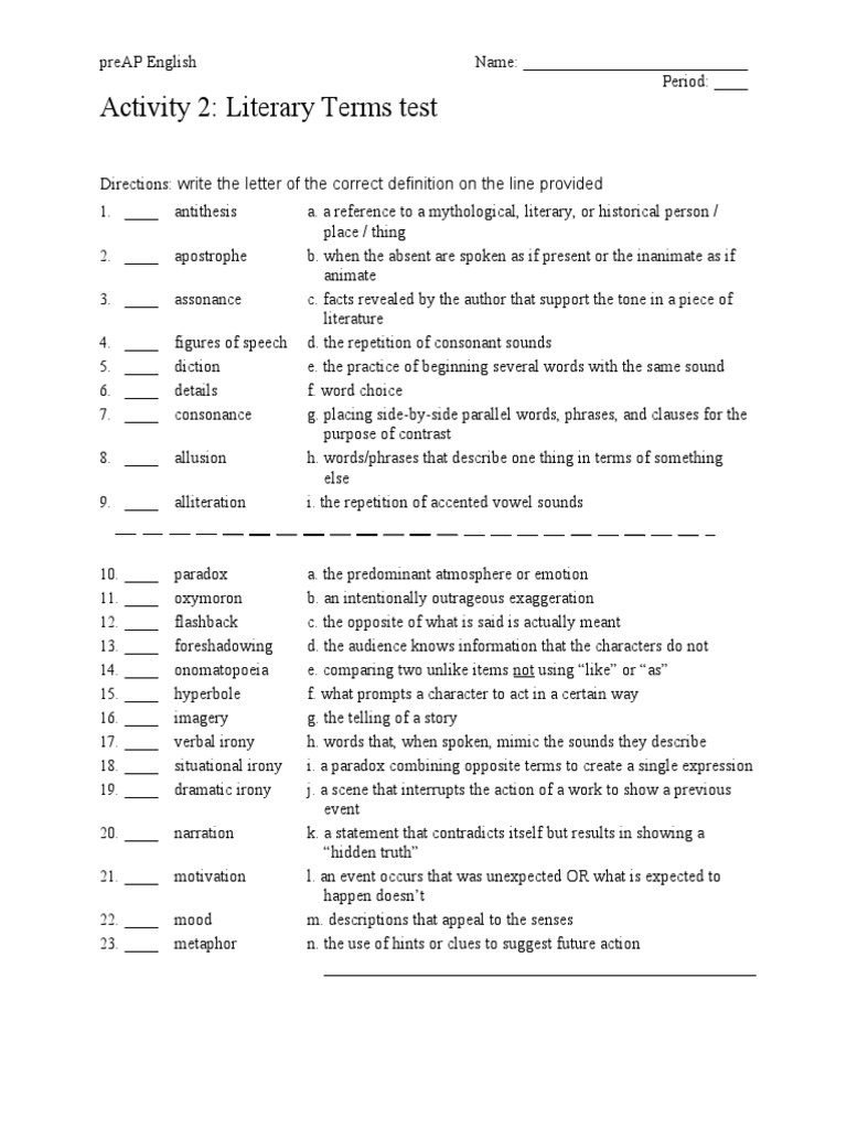 Literary Terms Test | PDF | Irony | Poetry