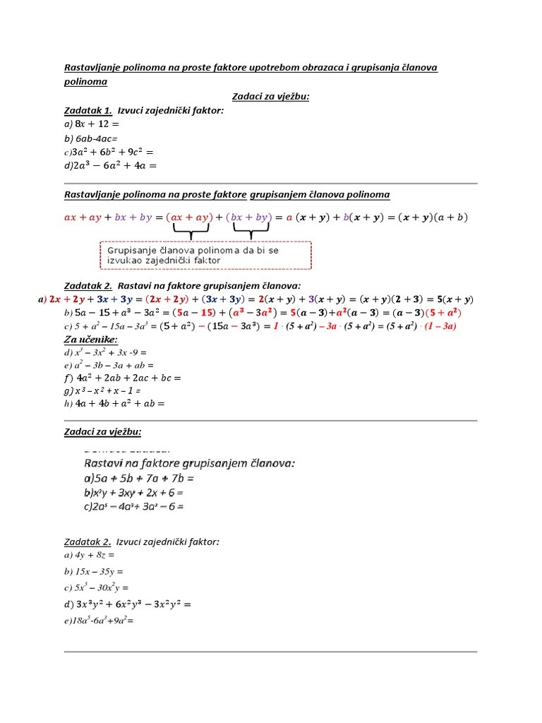 Zadaci Za Vježbu. Rastavljanje Polinoma Na Proste Faktore Upotrebom Obrazaca I Grupisanja ...