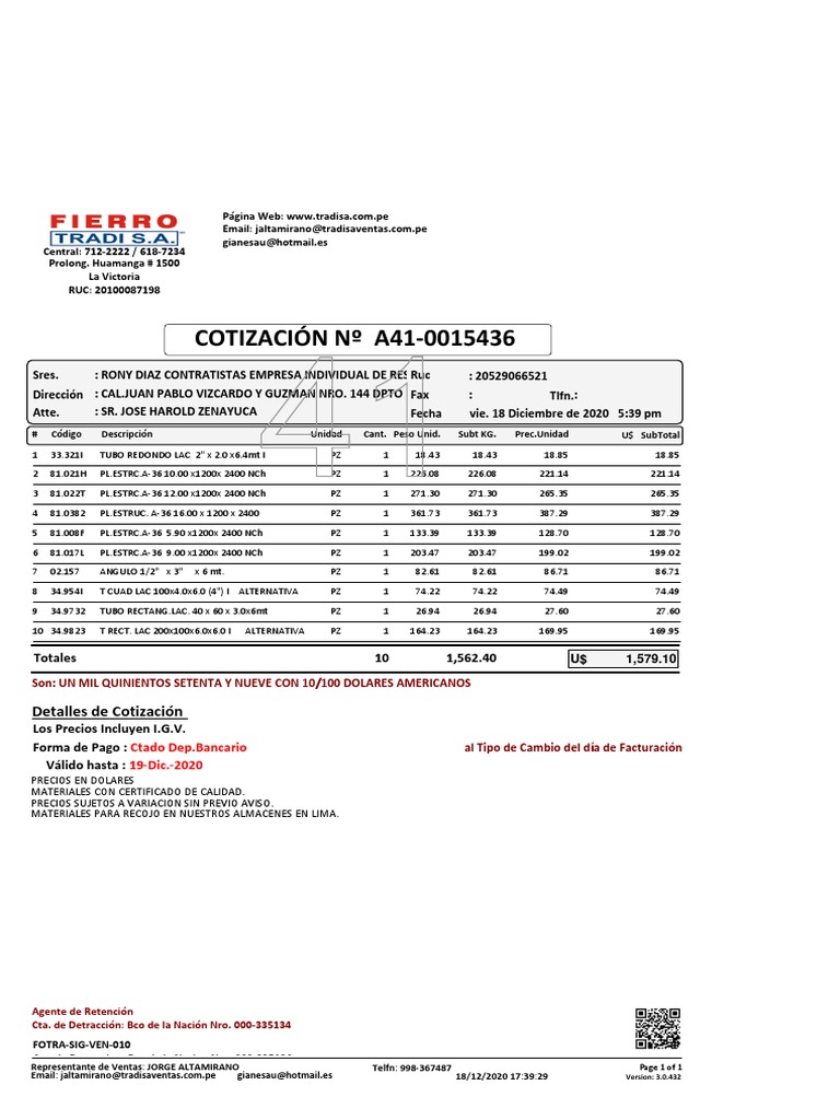 Cotizacion Rony Diaz Contratistas 2 PDF | Descargar gratis PDF | Business