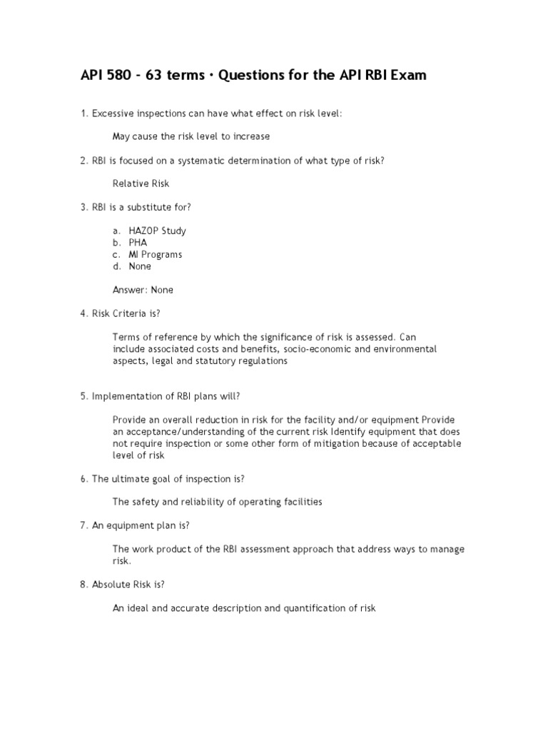 API 580 - 63 Terms Questions For The API RBI Exam | PDF | Risk | Risk ...