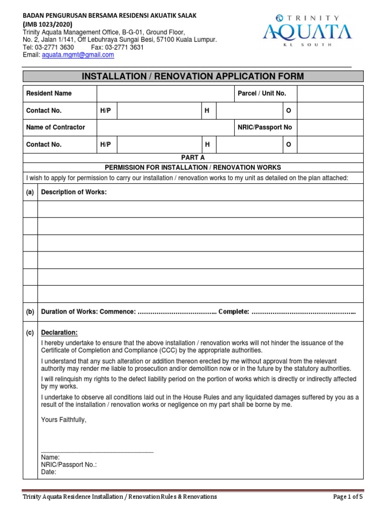Installation / Renovation Application Form: Badan Pengurusan Bersama Residensi Akuatik Salak ...
