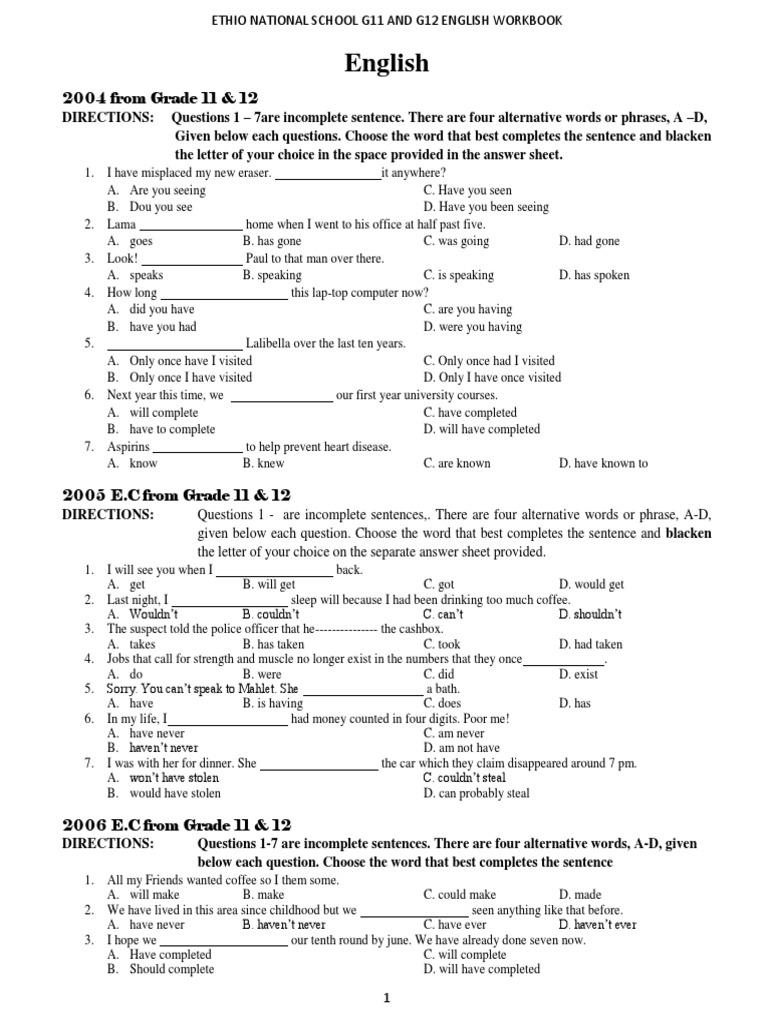 Work Book-English-Grade 11&12 PDF | PDF | Phrase | Question