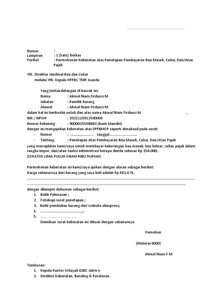 Format Permohonan KEBERATAN SPPBMCP | PDF