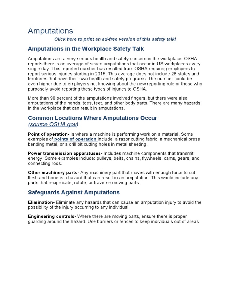 Amputations: Amputations in The Workplace Safety Talk | PDF ...