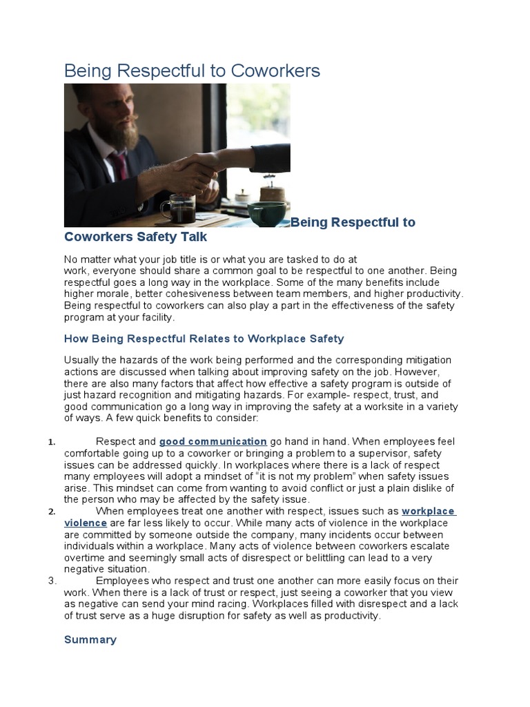 Being Respectful To Coworkers Safety Talk | PDF | Employment | Safety