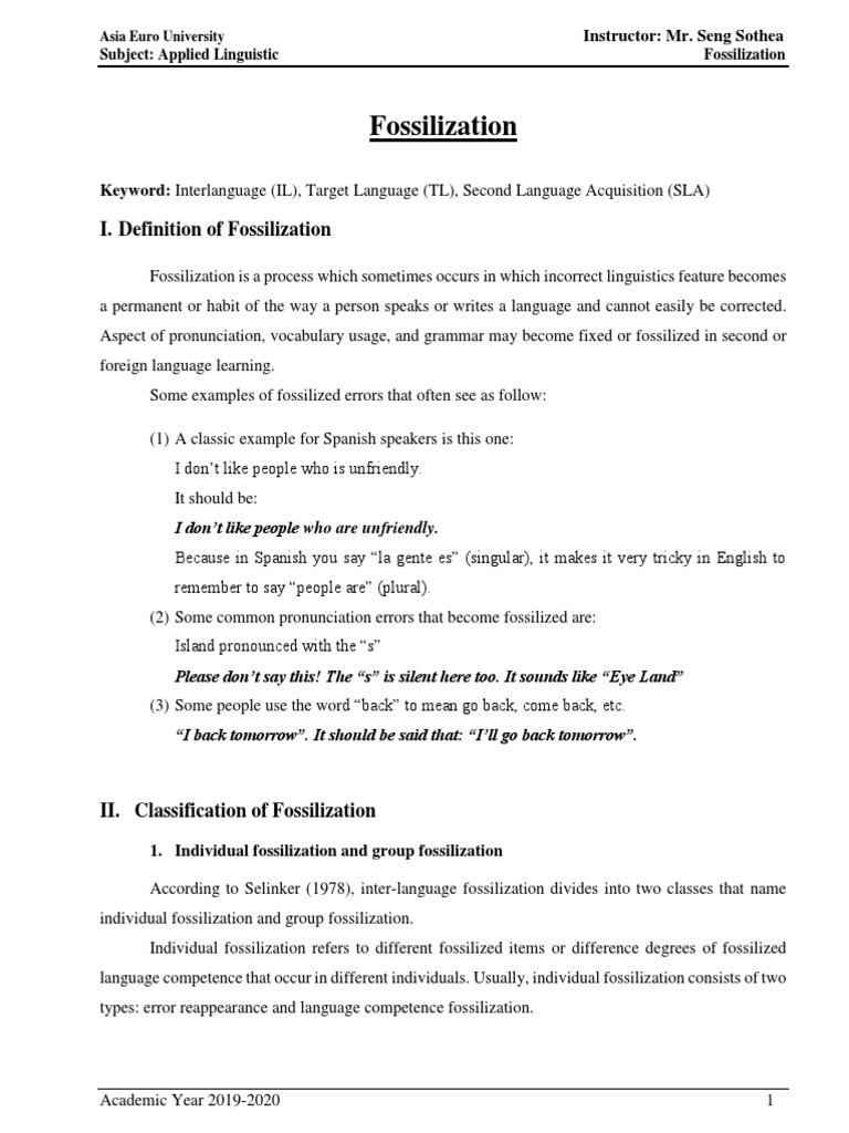 Fossilization: I. Definition of Fossilization | PDF | Second Language ...