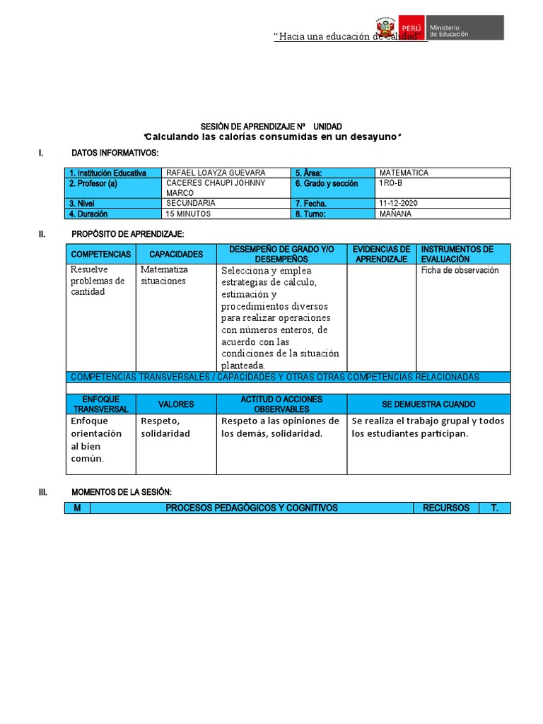 Modelo Sesion de Aprendizaje | PDF | Maestros | Aprendizaje