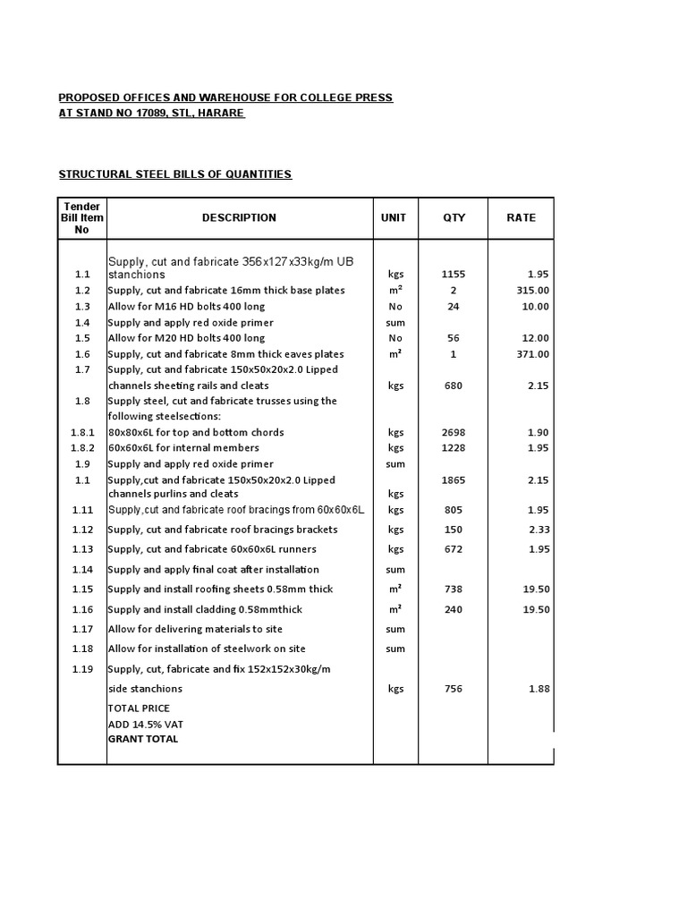 Structural Steel Bills of Quantities | PDF | Economic Sectors | Components