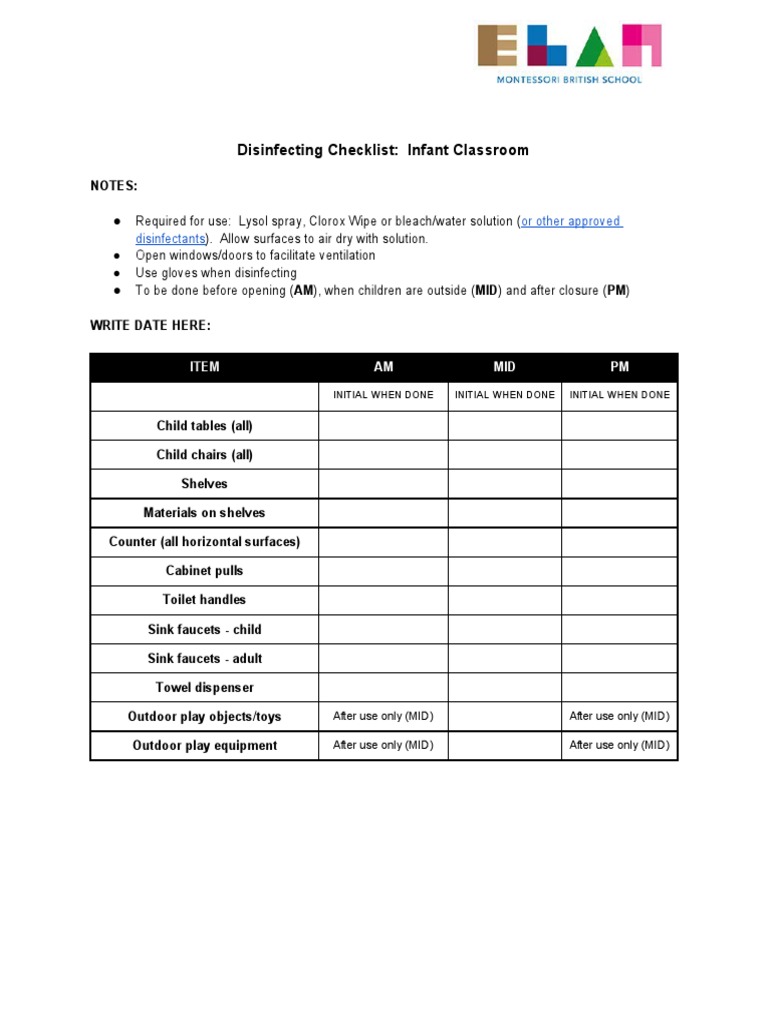 Disinfecting Checklist: Infant Classroom: or Other Approved ...