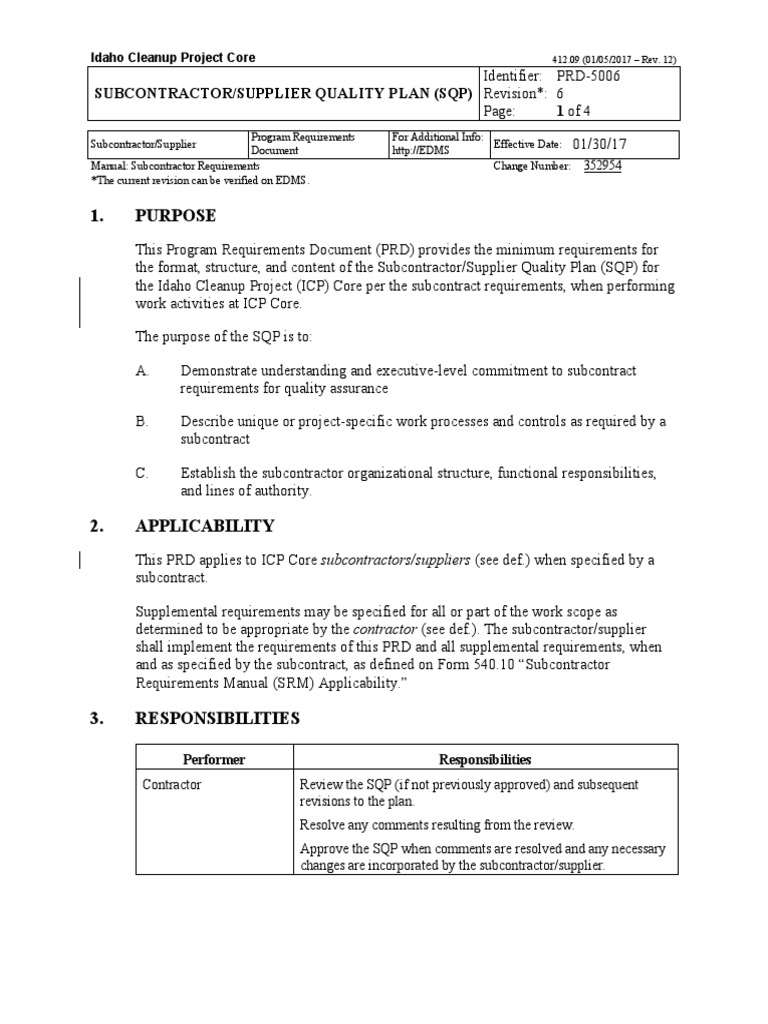 Purpose: Subcontractor/Supplier Quality Plan (SQP) 1 of 4 | PDF ...
