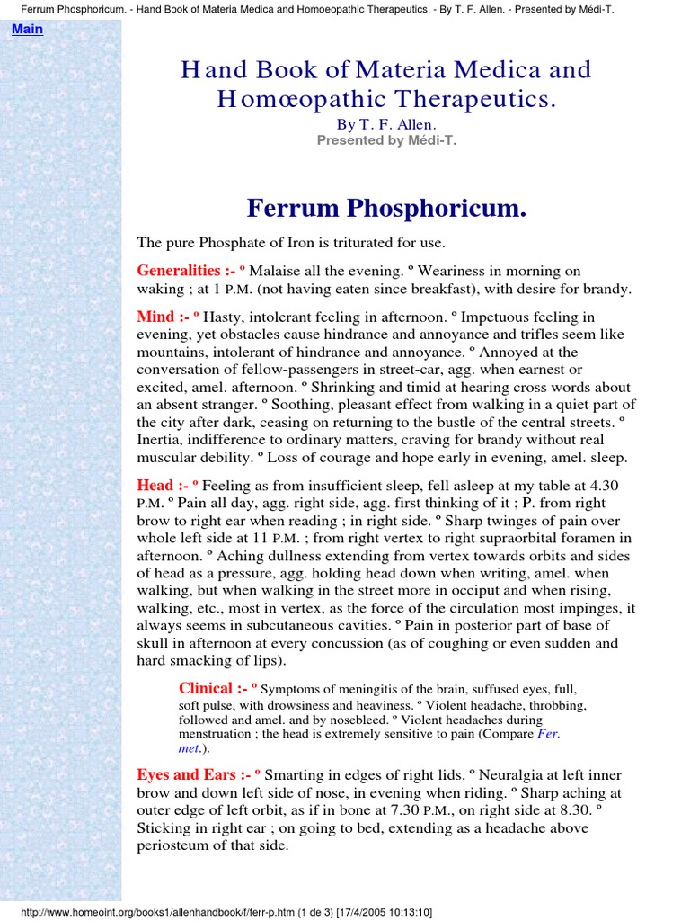 Ferrum Phosphoricum - Allen Handbook | PDF | Human Nose | Hand