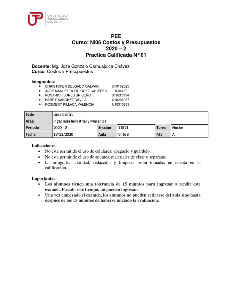 PC1 - COSTOS Y PRESUPUESTOS - Grupal V2 | PDF | Costo | Contabilidad de gestión