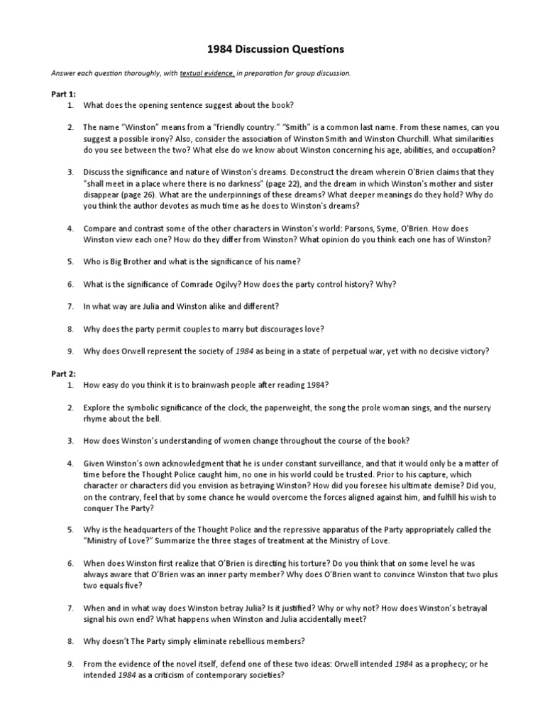 1984 Discussion Questions: Answer Each Question Thoroughly, With ...
