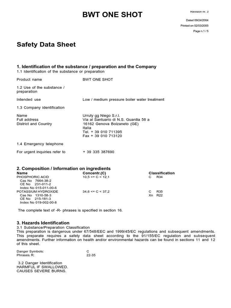 BWT One Shot: Safety Data Sheet | PDF | Sodium | Dangerous Goods