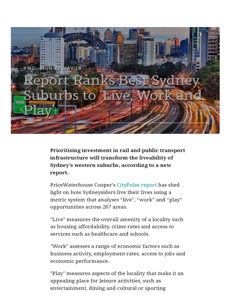 Report Ranks Best Sydney Suburbs To Live, Work and Play' | PDF | Sydney ...
