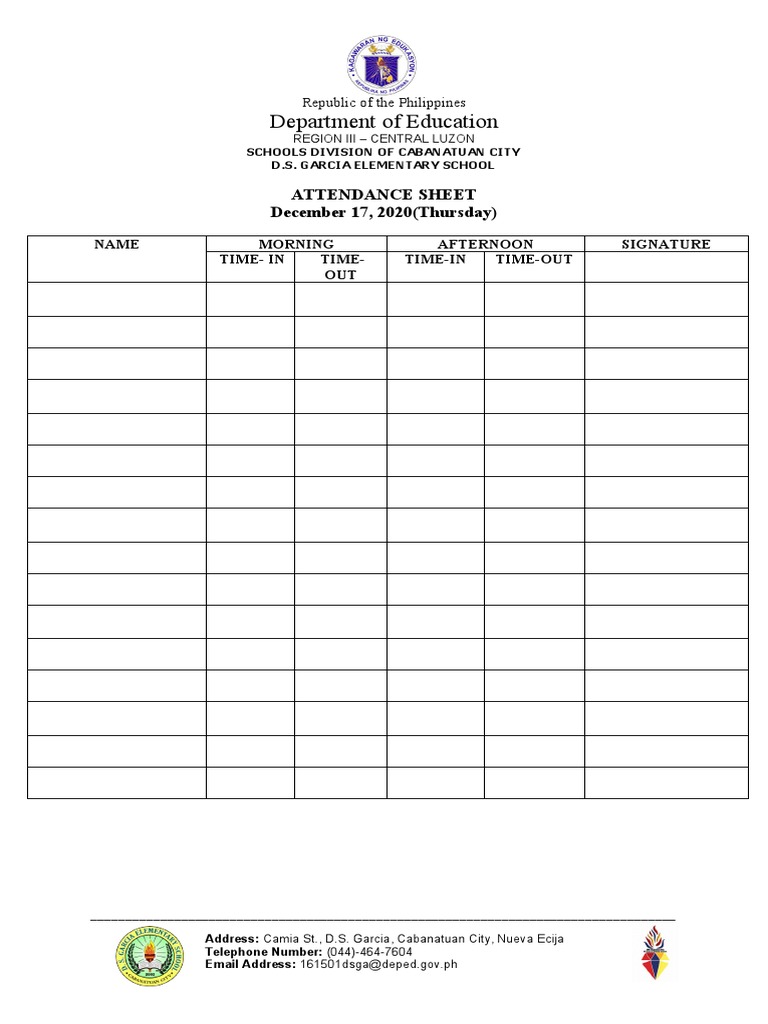 Department of Education: Attendance Sheet December 17, 2020 (Thursday ...