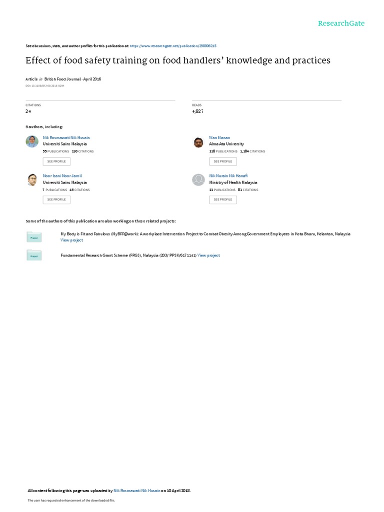 Effect of Food Safety Training On Food Handlers K | PDF | Foodborne ...