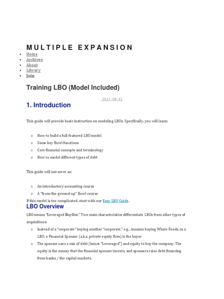 Multiple Expansion: Training LBO (Model Included) | PDF | Leveraged Buyout | Balance Sheet
