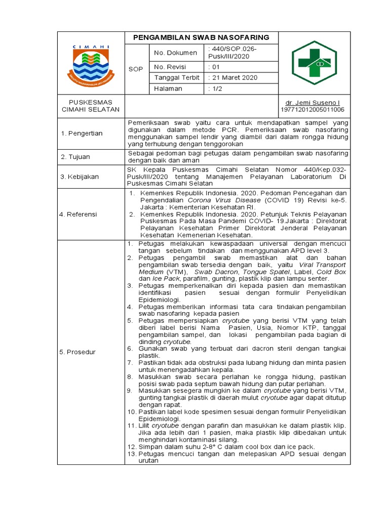 Sop Swab Nasofaring | PDF | Pengembangan Diri | Kesehatan Holistik