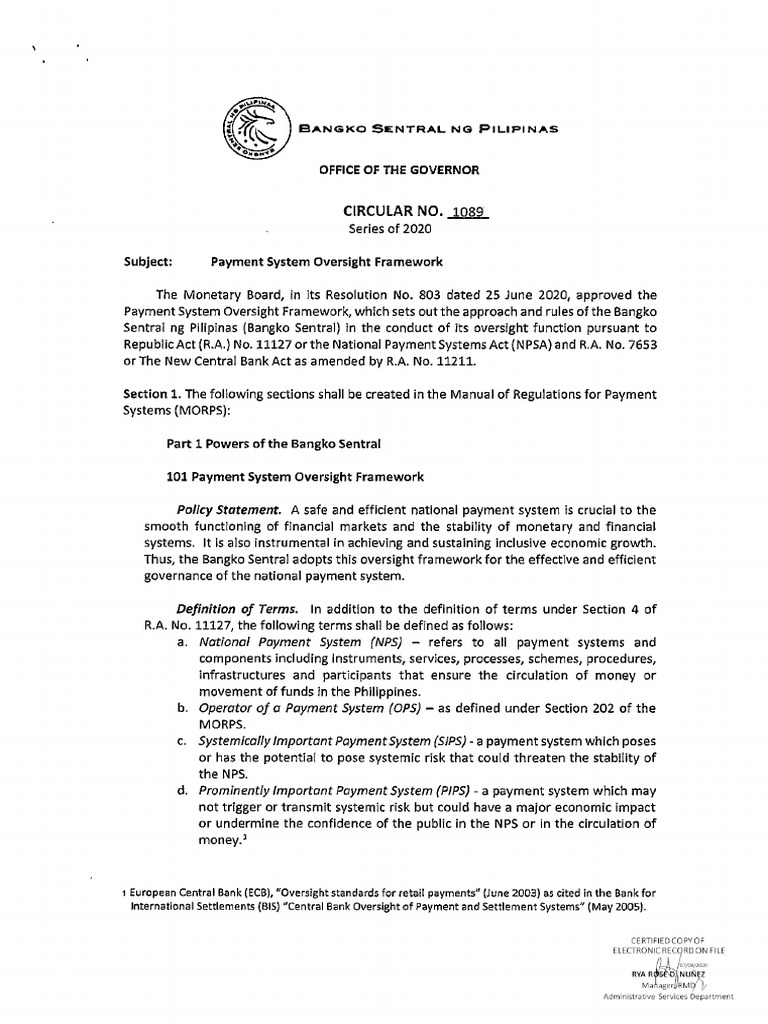 BSP Circular No. 1089 Series of 2020 | PDF