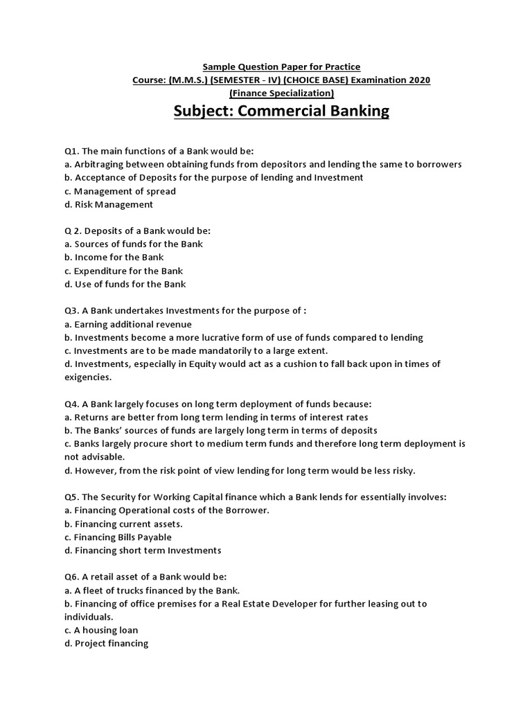MMS Sample Question Paper For Practice For Semester 4 | PDF | Banks ...