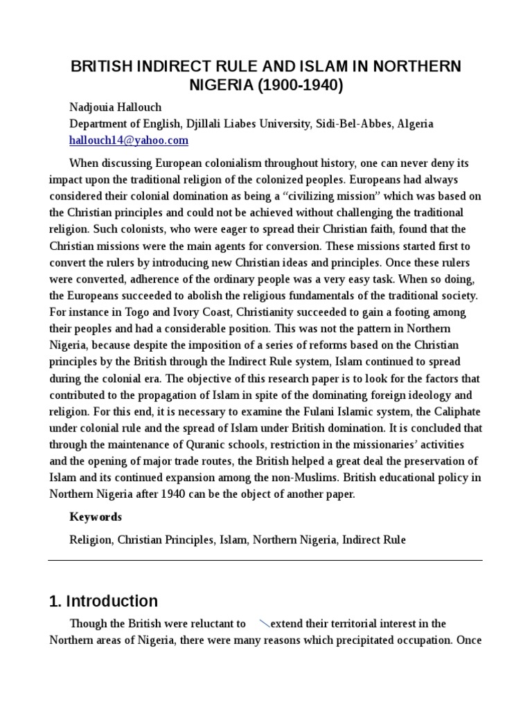 British Indirect Rule and Islam in Northern Nigeria (1900-1940) | PDF ...