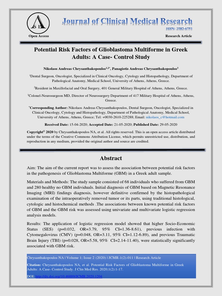 Potential Risk Factors of Glioblastoma Multiforme in Greek Adults A Case Control Study | PDF ...