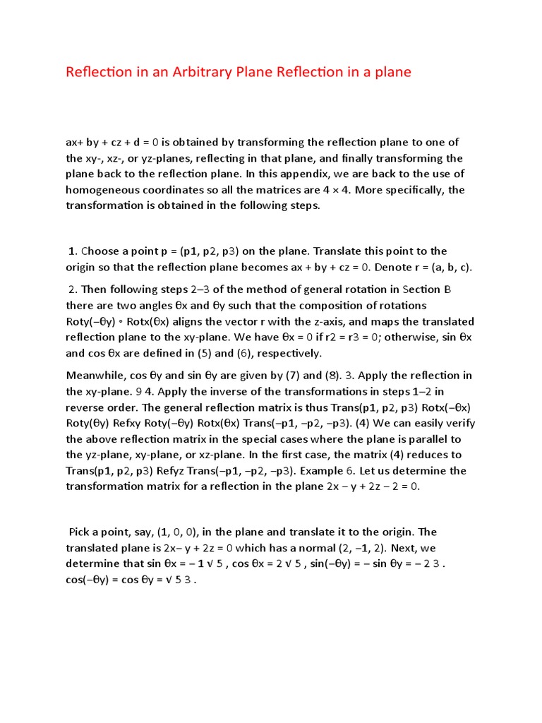 Reflection in an Arbitrary Plane | PDF | Cartesian Coordinate System ...