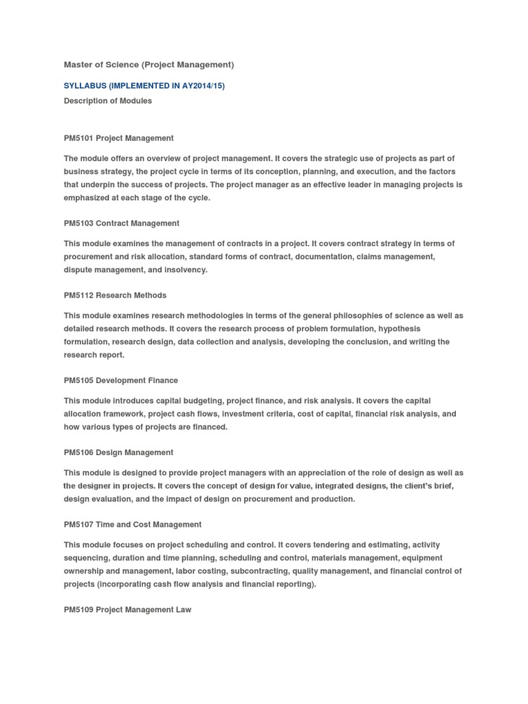 NUS MSc Project Management Syllabus | PDF | Project Finance | Project ...