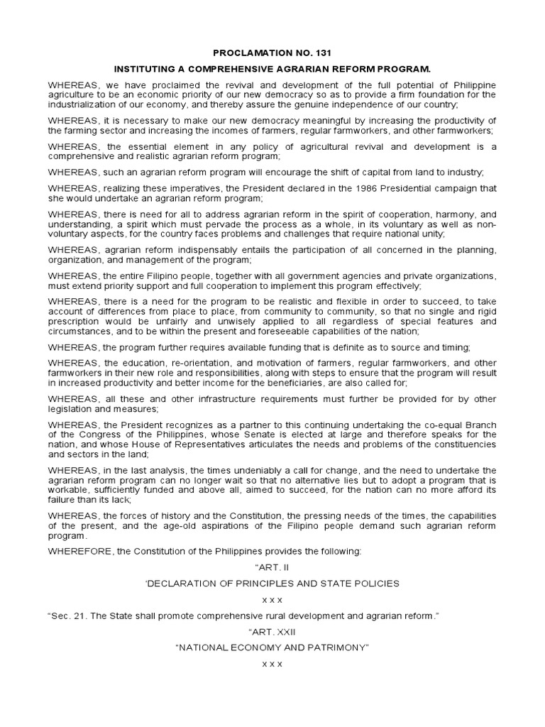 Proclamation No. 131 Instituting A Comprehensive Agrarian Reform ...