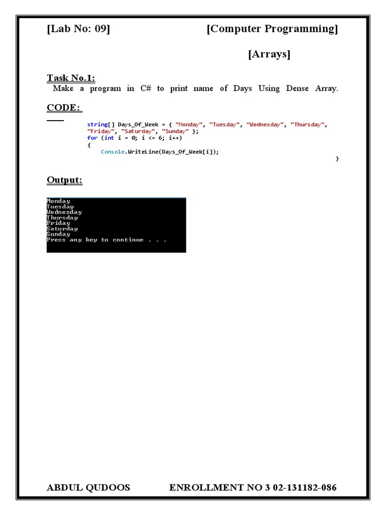 (Lab No: 09) (Computer Programming) (Arrays) | PDF | Array Data Structure | C Sharp (Programming ...