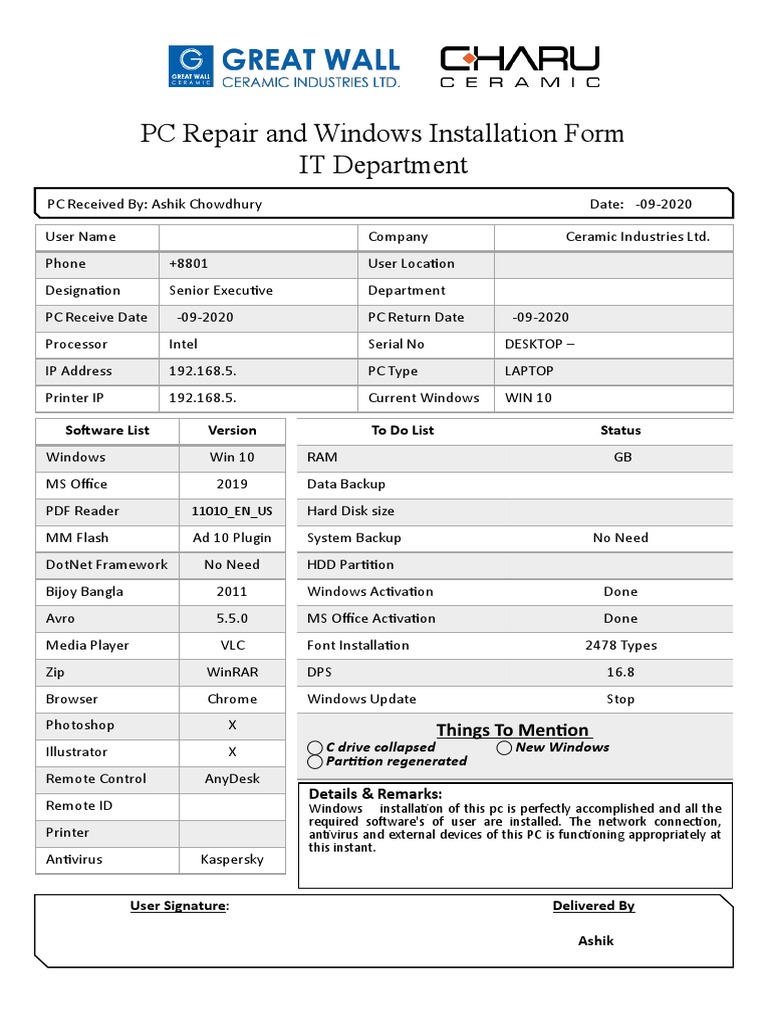 PC Repair Form | PDF | Personal Computers | Antivirus Software