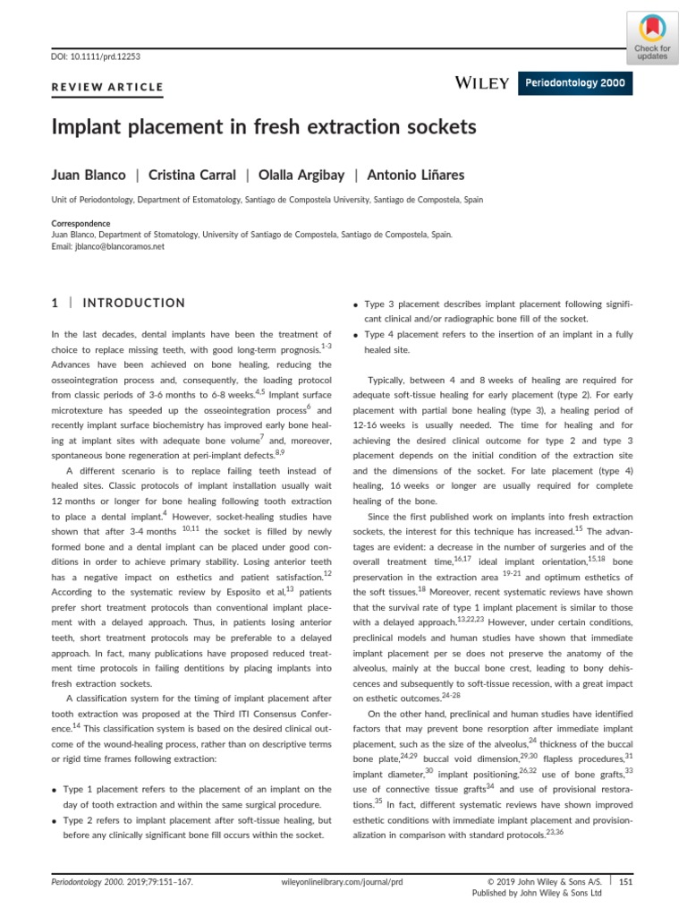 Implant Placement in Fresh Extraction Sockets: Juan Blanco - Cristina ...