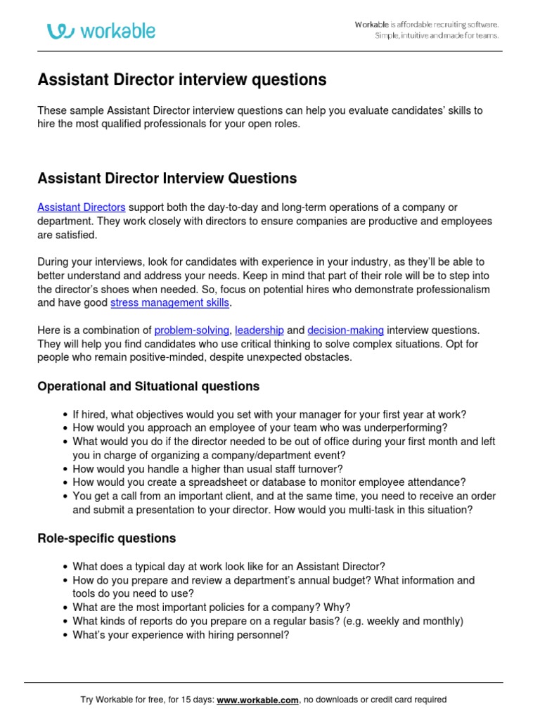 Assistant Director Interview Questions | PDF | Interview | Employment