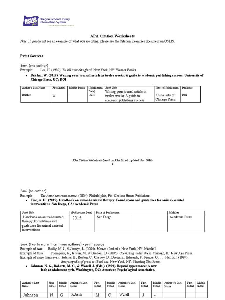 APA Citation Worksheets: Chicago Press, UC: DOI | PDF | Apa Style ...