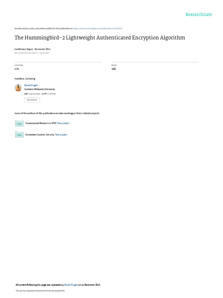 The Hummingbird-2 Lightweight Authenticated Encryption Algorithm | PDF | Secrecy | Cryptography