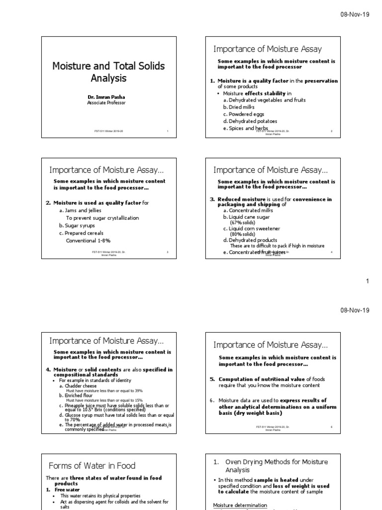 Moisture and Total Solids Analysis: Importance of Moisture Assay | PDF | Distillation | Soil