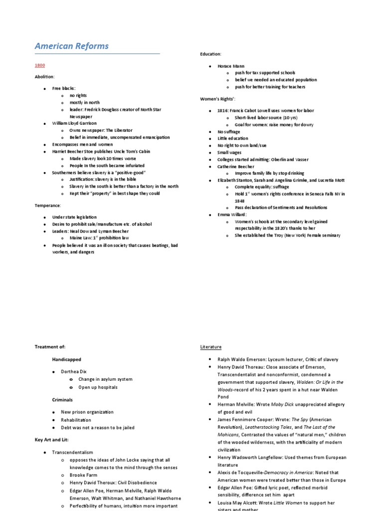 American Reforms Chart 1 | PDF | Freedman | Transcendentalism