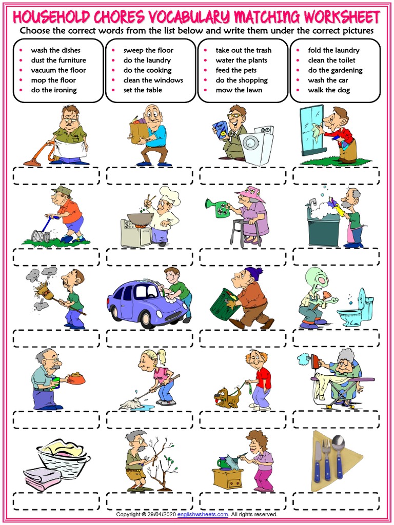 Household Chores Vocabulary Esl Matching Exercise Worksheet For Kids | PDF