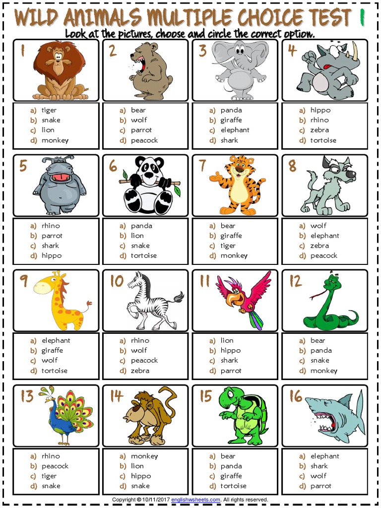 Animals Vocabulary Esl Multiple Choice Tests For Kids | PDF | Nature