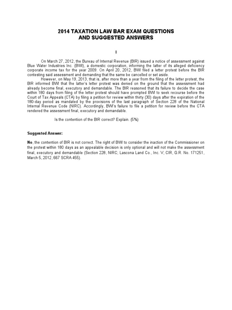 2014 Taxation Law Bar Exam Insights | PDF | Foreclosure | Tax Deduction