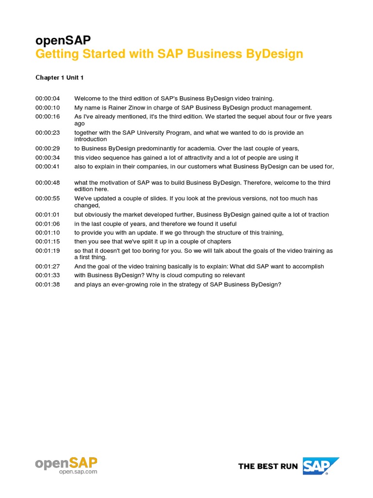 openSAP Byd0 Week 1-7 Transcript en | PDF | Cloud Computing | Sap Se